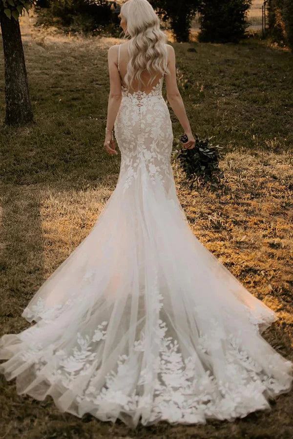 Mermaid Elegant V Neck Lace Long Wedding Dresses with Appliques – BL Dress