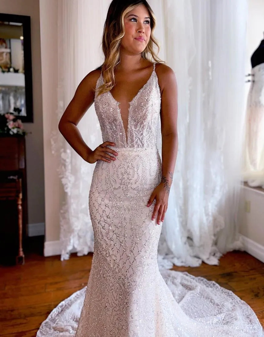Mermaid Deep V Neck Wedding Dress – BL Dress