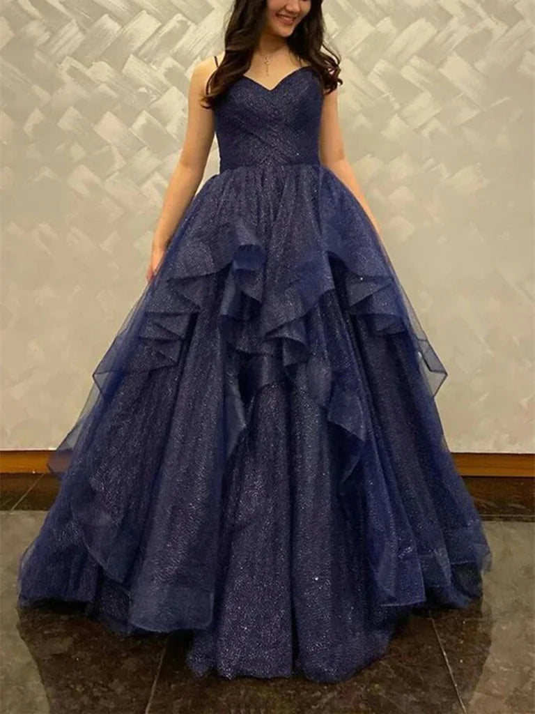 A-line V Neck Tulle Long Prom Dresses – BL Dress