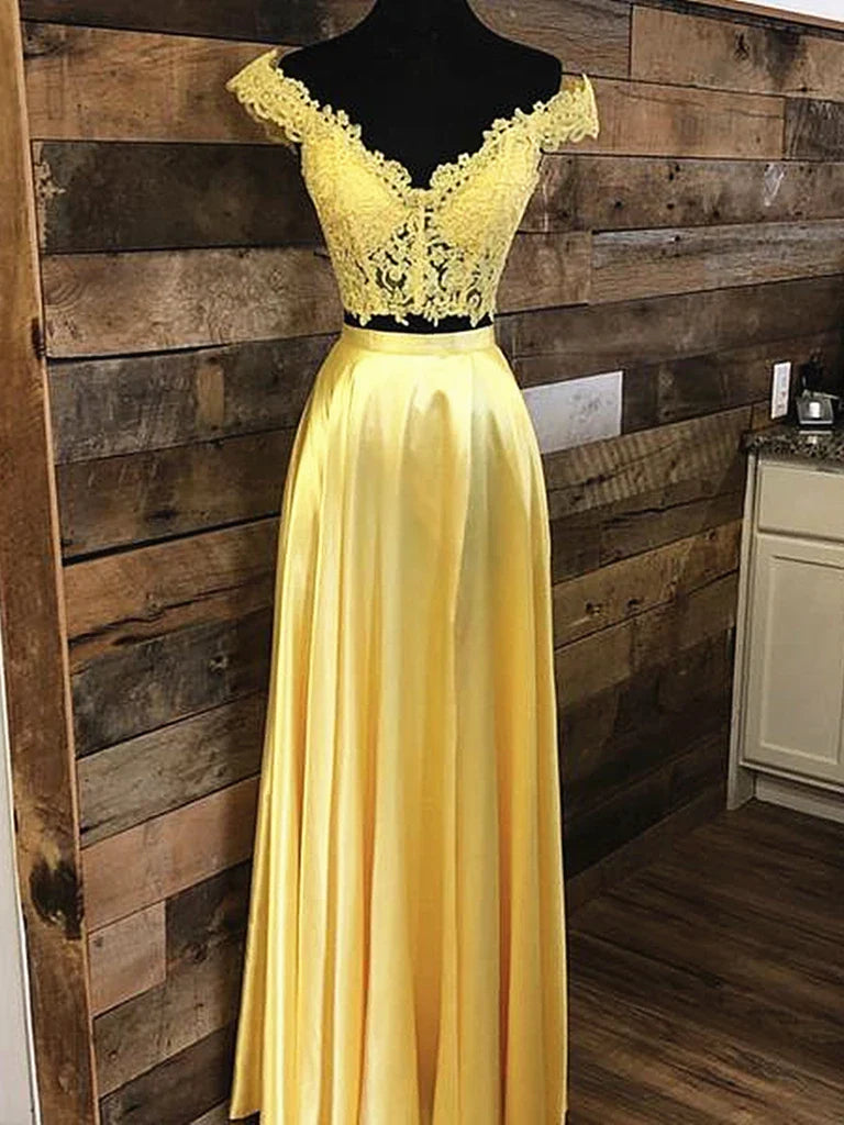 Two Pieces A Line Lace Off Shoulder Long Prom Dresses Formal Evening D ...