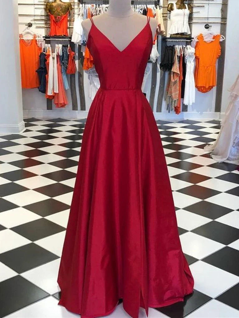 A Line V Neck Satin Long Prom Dresses Formal Evening Dresses – BL Dress