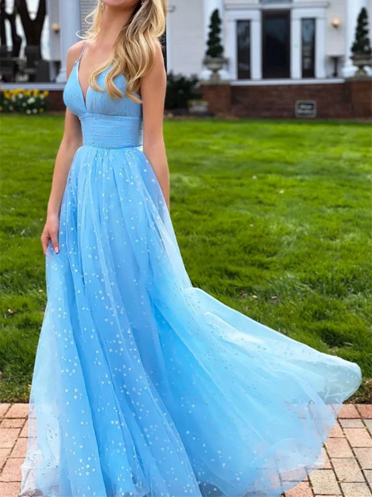 V Neck Tulle Beads Long Prom Dresses – BL Dress
