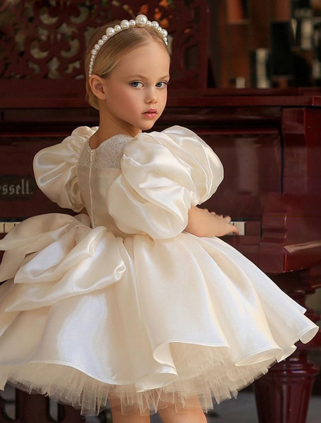 Kids Girls' Puff Sleeve Bow Dress Sequin Solid Colored A Line Dress Sp ...