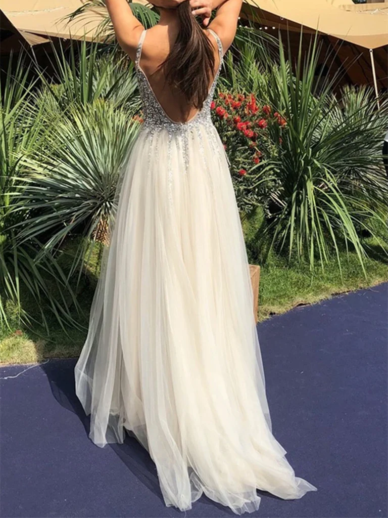 A Line V Neck Backless Tulle Beaded Long Prom Dresses Formal Evening D ...