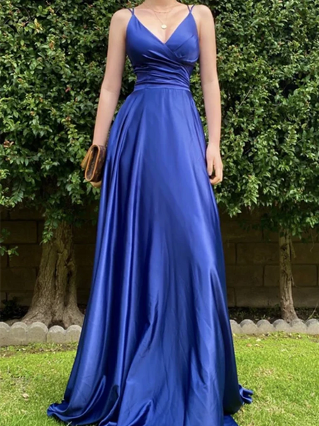 A-line V Neck Backless Satin Long Prom Dresses Formal Evening Party Dr ...