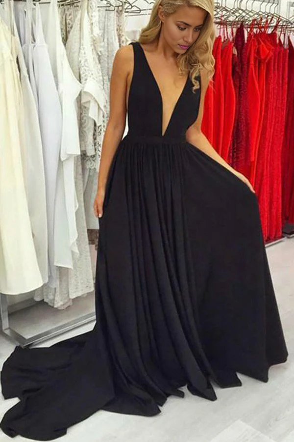 A-line Deep V-neck Open Back Satin Long Prom Dresses with Straps – BL Dress