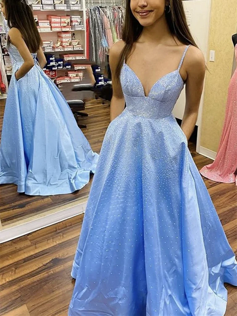 A Line V Neck Beaded Satin Long Prom Dresses – BL Dress