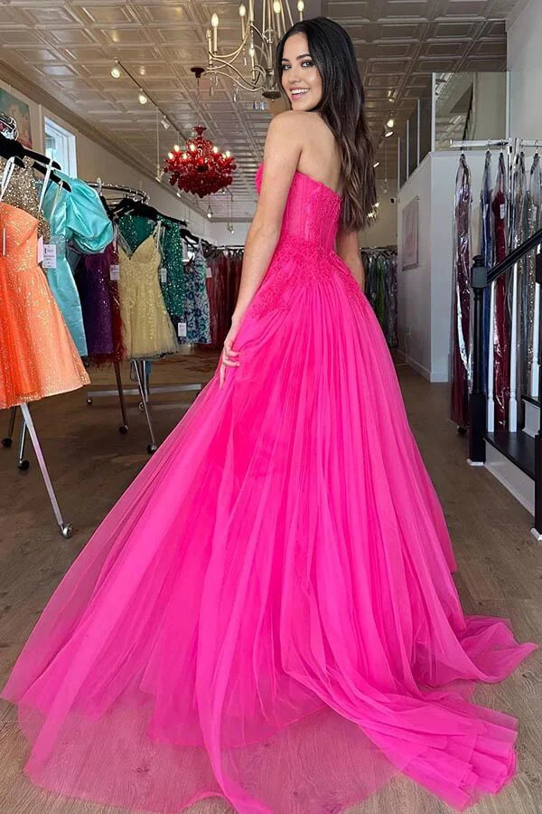 A-line Tiered Tulle Strapless Lace Bodice Long Prom Dresses – BL Dress