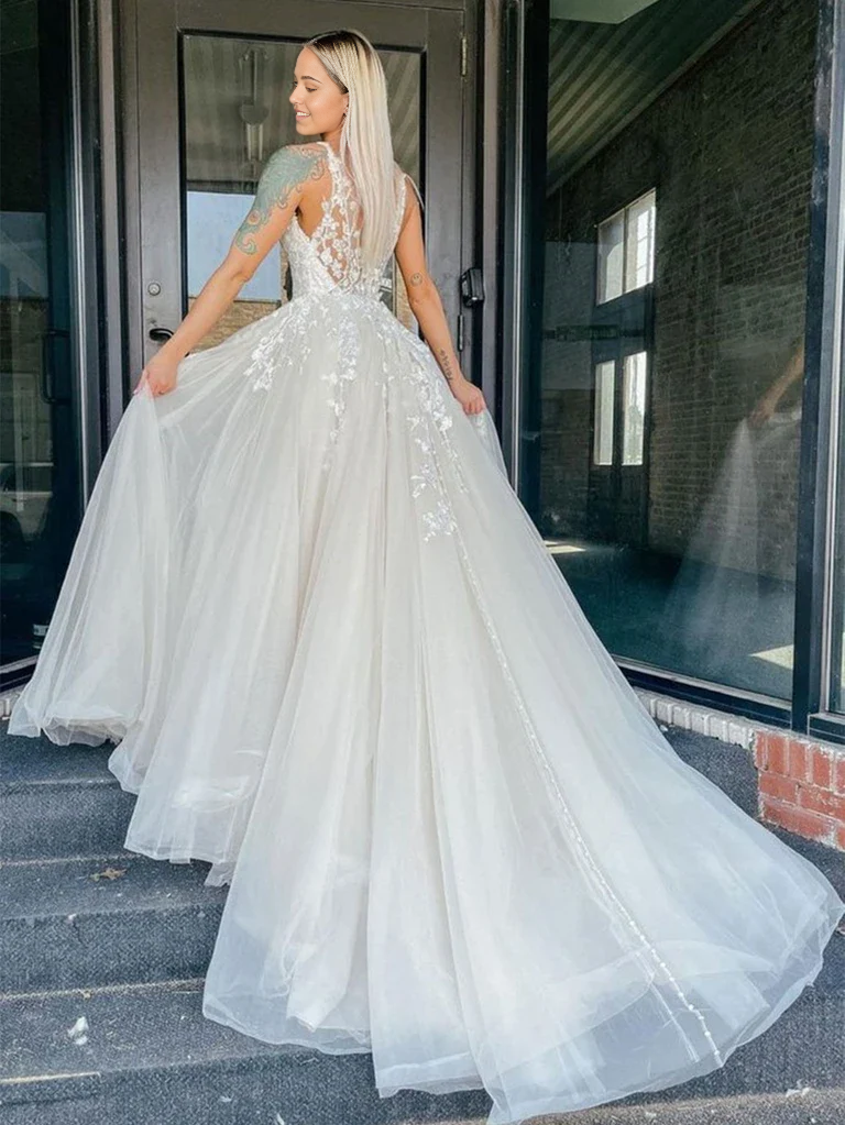 A-line V Neck Ivory Lace Floral Long Formal Evening Dresses Prom Dress ...