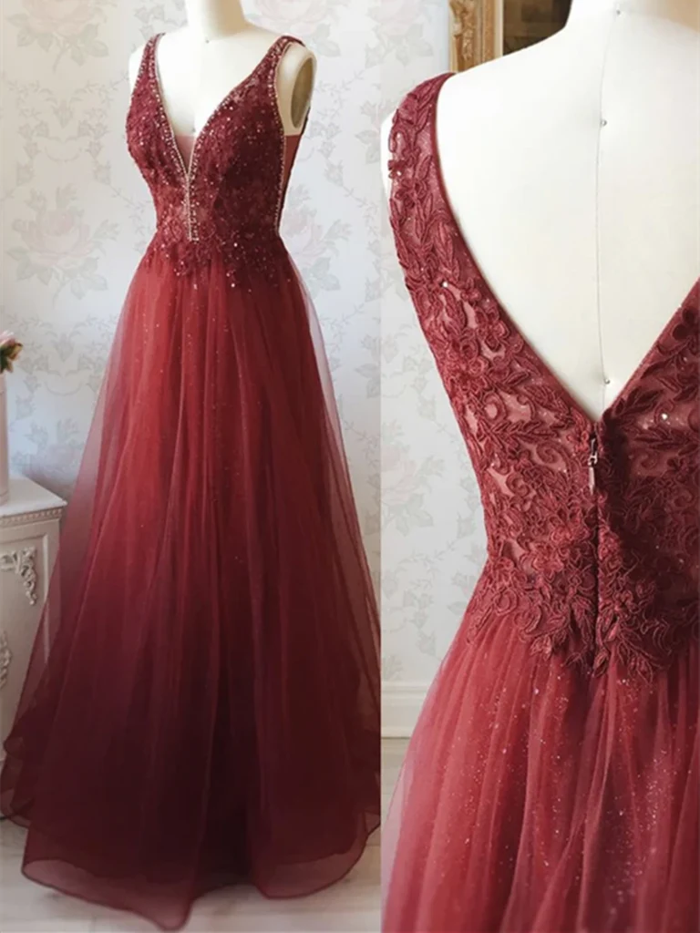 A Line V Neck Tulle Lace Long Prom Dresses Long Formal Evening Dresses ...