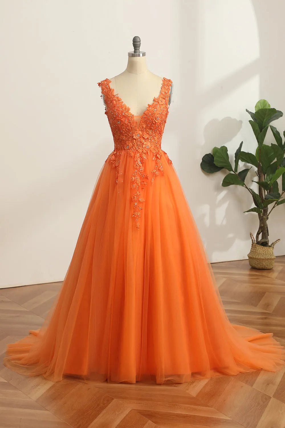 A Line V Neck Princess Long Prom Dress with Appliques – BL Dress