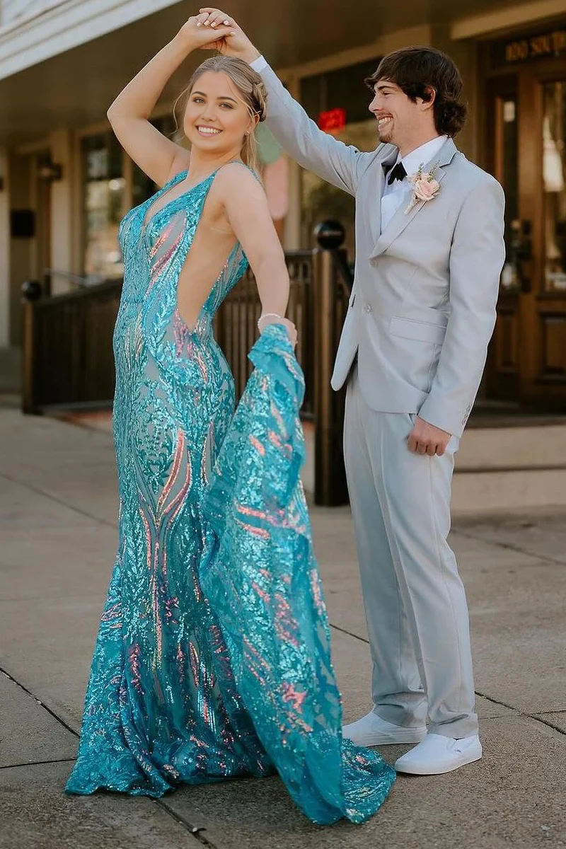 Mermaid V Neck Sequin Blue Long Prom Dress – BL Dress