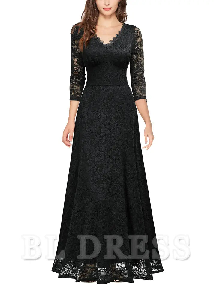 A-line V-Neck Lace 2/3 Sleeves evening gown formal dress Prom Dresses ...