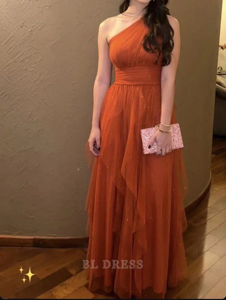 A line One Shoulder Tulle Rust Orange Long formal dresses Bridesmaid D ...