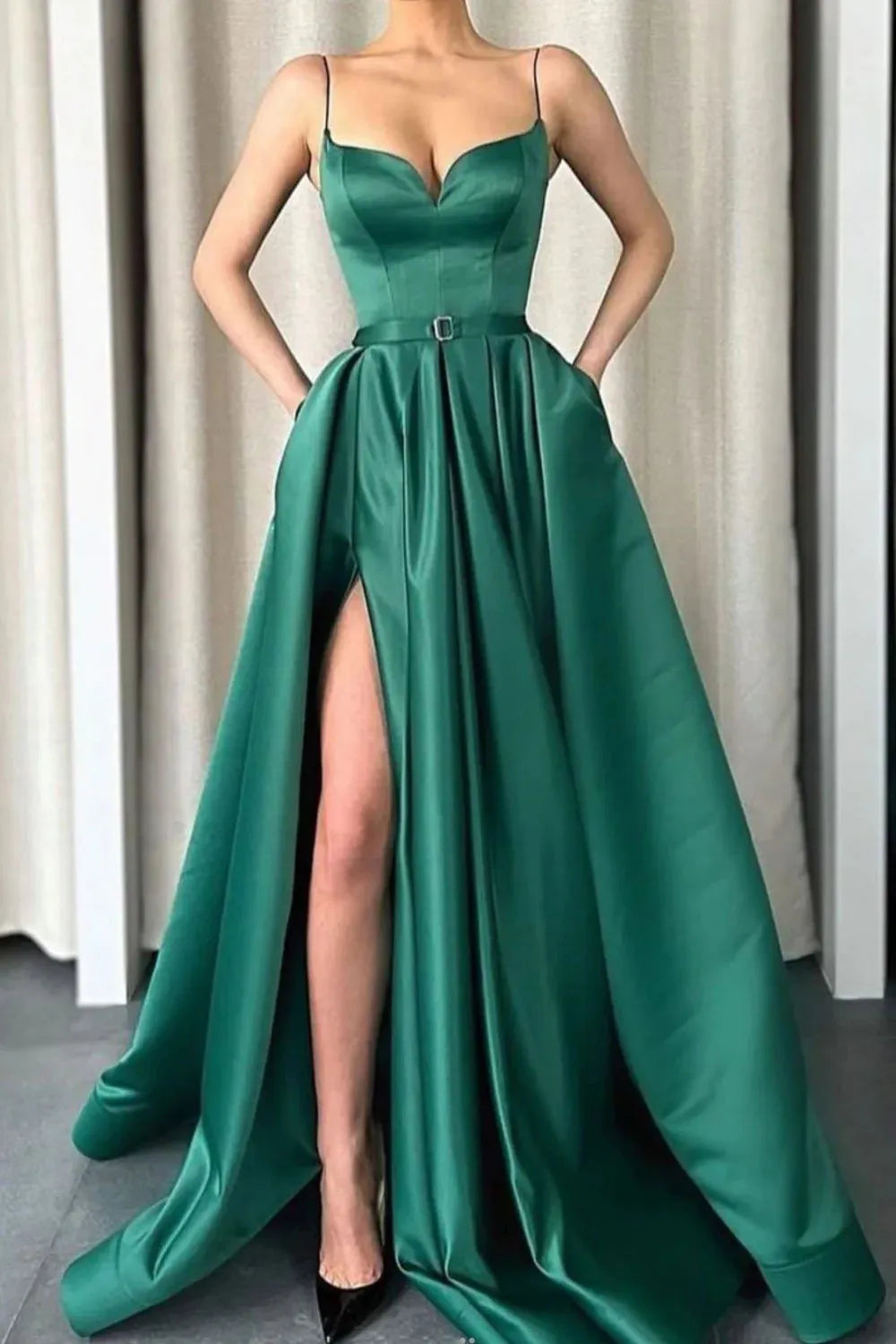 A Line Spaghetti Straps Long Prom Dress with Split Front – BL Dress
