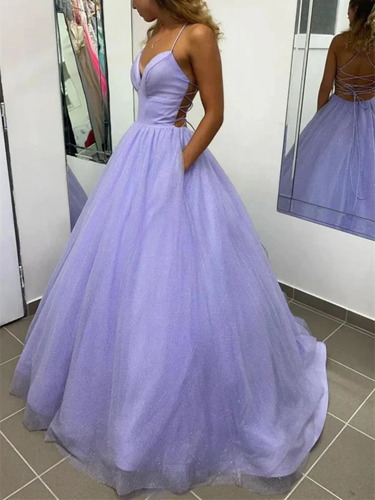 V Neck Tulle Long Backless Prom Dresses – BL Dress