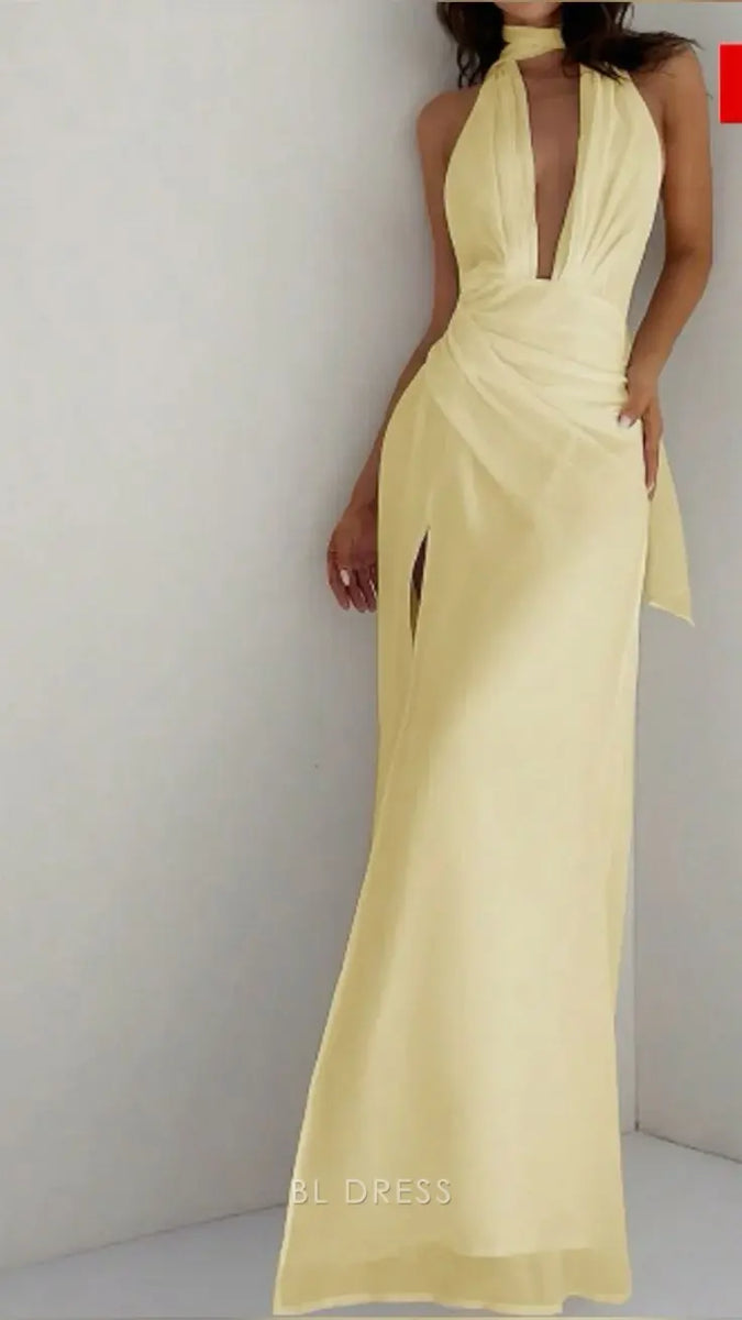 Sheath Halter Yellow Slit formal dresses Bridesmaid Dresses evening go ...