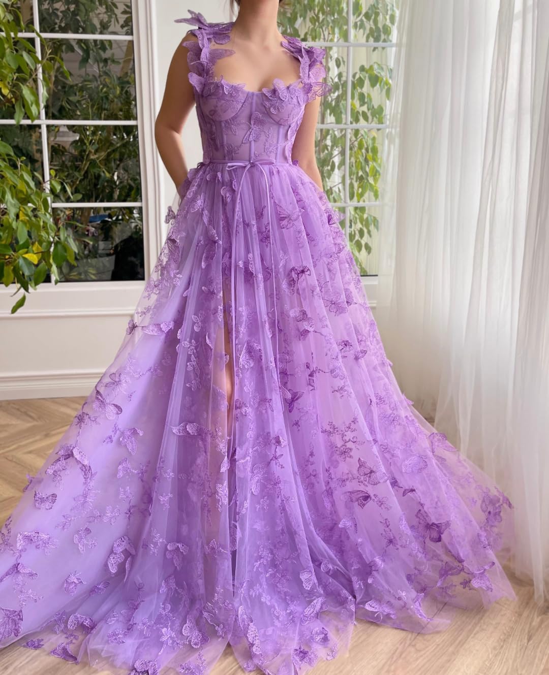 Long Tulle Prom Dress with 3D Butterflies Sexy Slit Ball Gown Evening ...