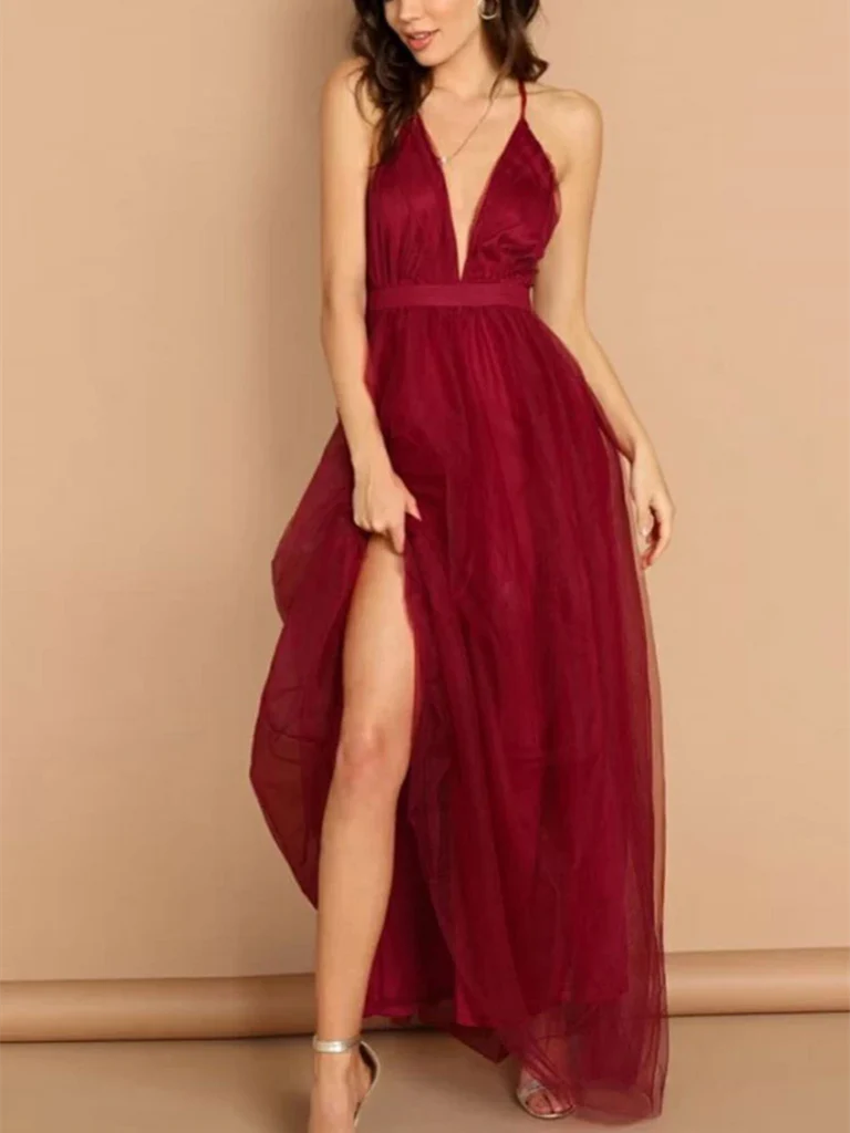 Simple V Neck Backless Tulle Long Prom Dresses Long Formal Evening Dre ...