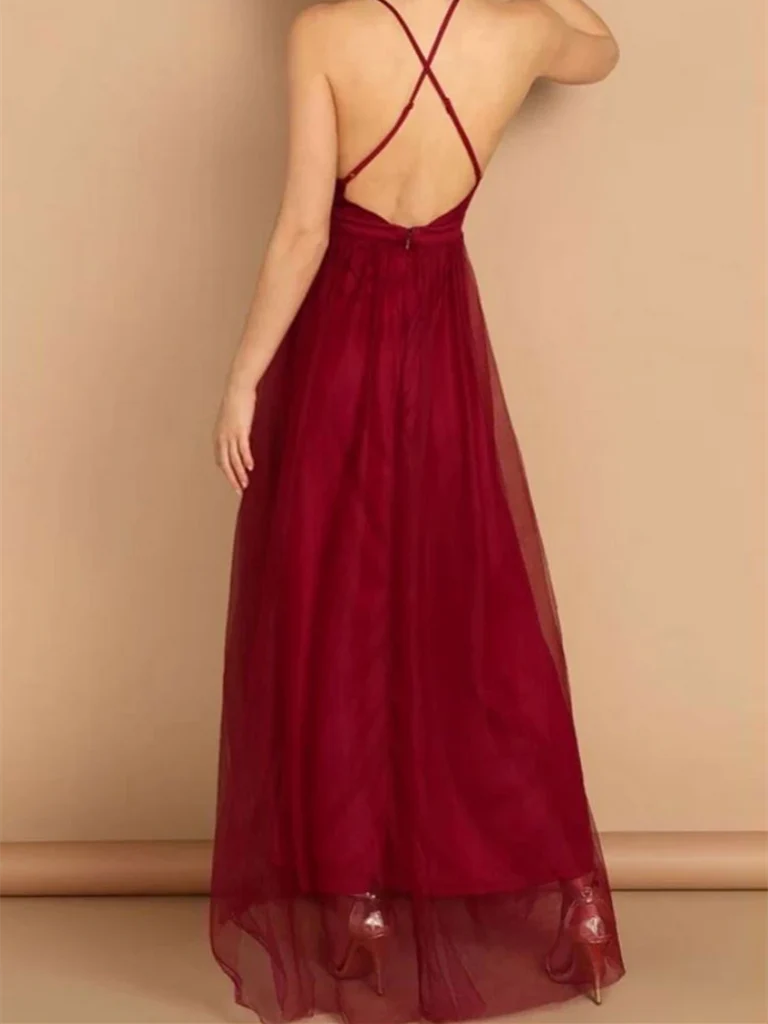 Simple V Neck Backless Tulle Long Prom Dresses Long Formal Evening Dre ...