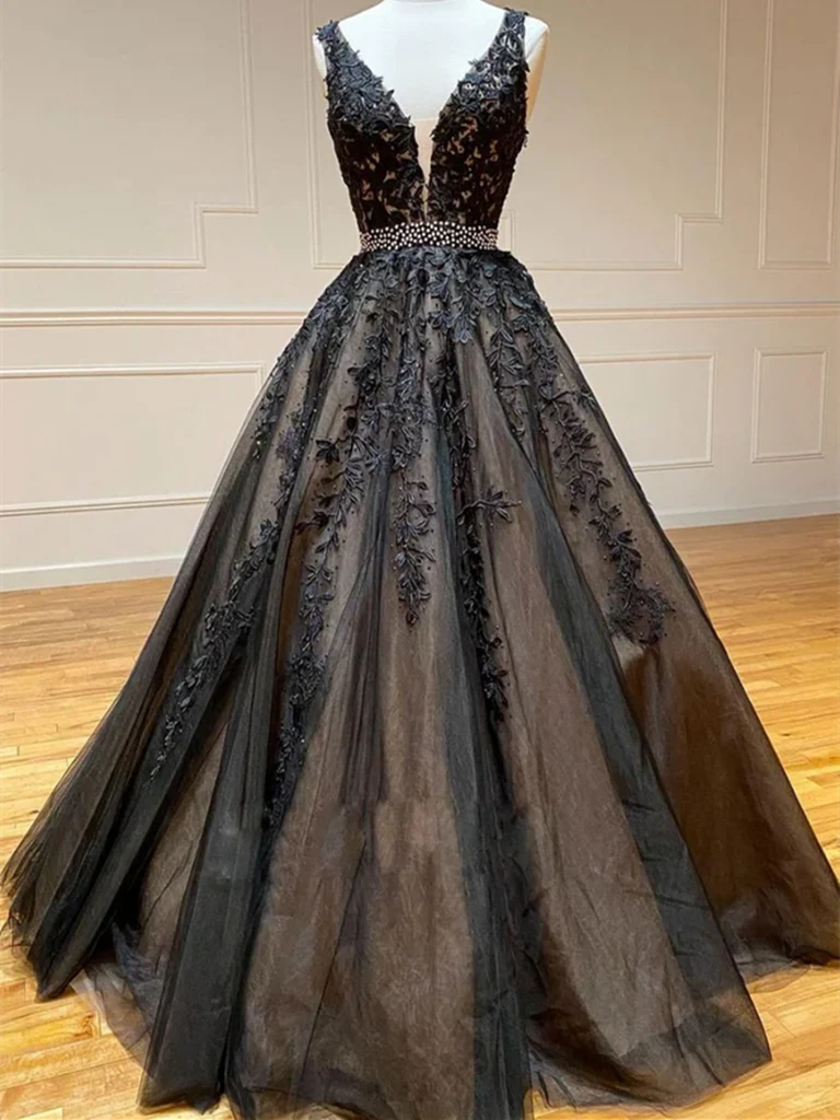 V Neck Lace Beads Tulle Long Prom Dresses – BL Dress
