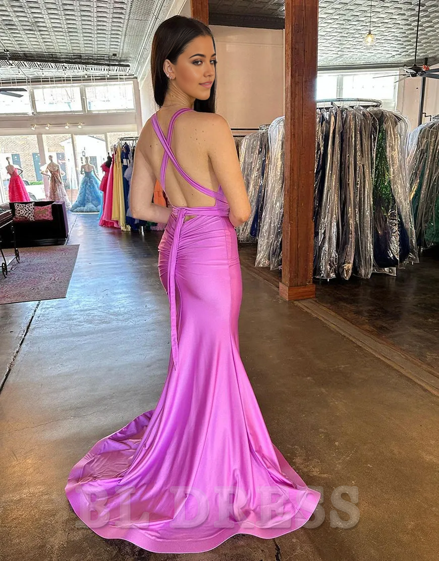 Sheath Deep V-Neck Cross Backless Long Satin formal dresses evening go ...
