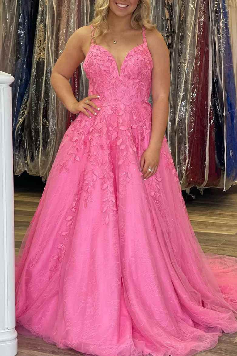 A-line Lace Appliques V Neck Prom Dress Evening Dresses – BL Dress