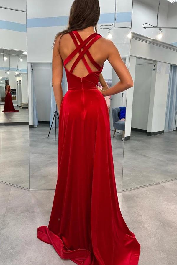 Velvet V Neck Prom Gown Straps Prom Dress With Split – BL Dress
