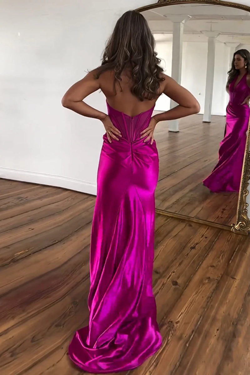 Mermaid Halter Neck Backless Long Satin Fuchsia Prom Dress With Split ...