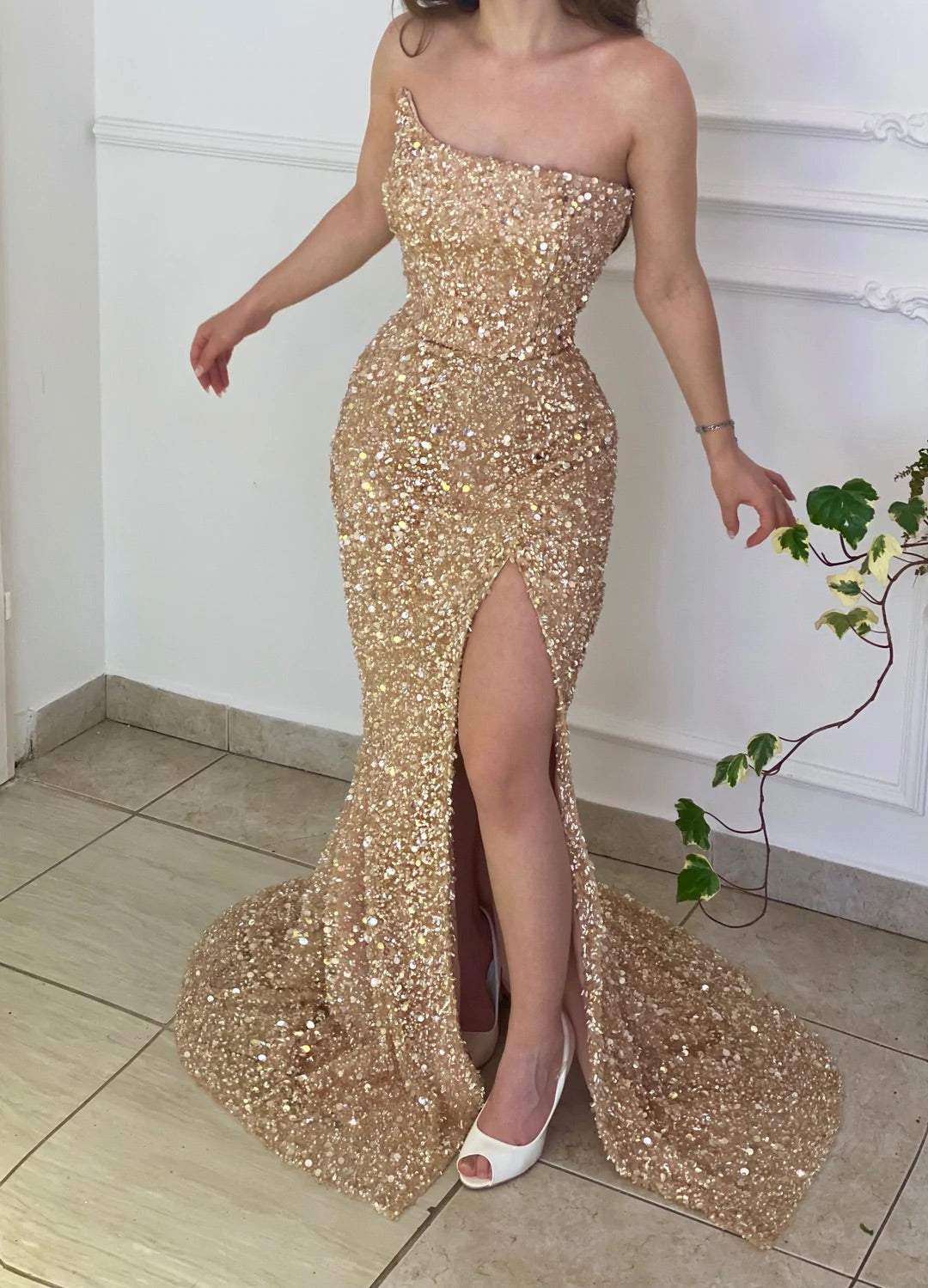 Mermaid Sequin Prom Dresses Strapless Formal Dresses With High Split ...