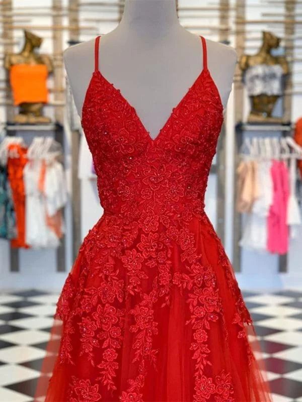 A Line V Neck Lace Long Prom Dresses – BL Dress