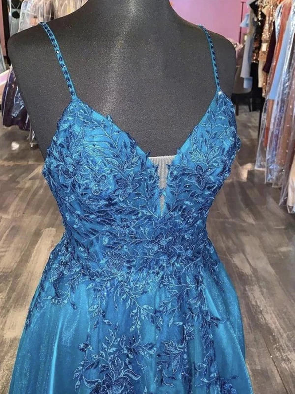 A Line V Neck Lace Long Prom Dresses – BL Dress