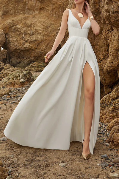 A Line Simple Sexy V Neck Satin Wedding Dress with Slit – BL Dress