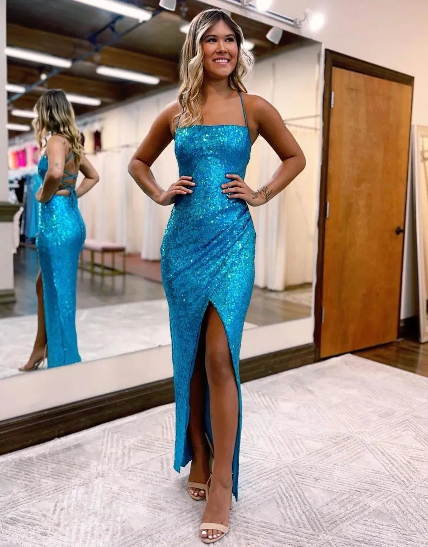 Straps Corset Back Sequin Prom Dress With Front Split – BL Dress