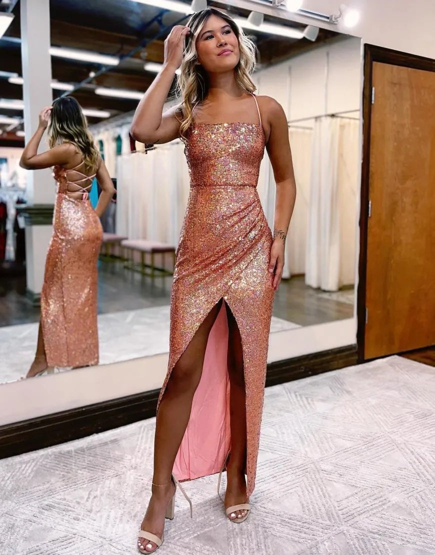 Straps Corset Back Sequin Prom Dress With Front Split – BL Dress