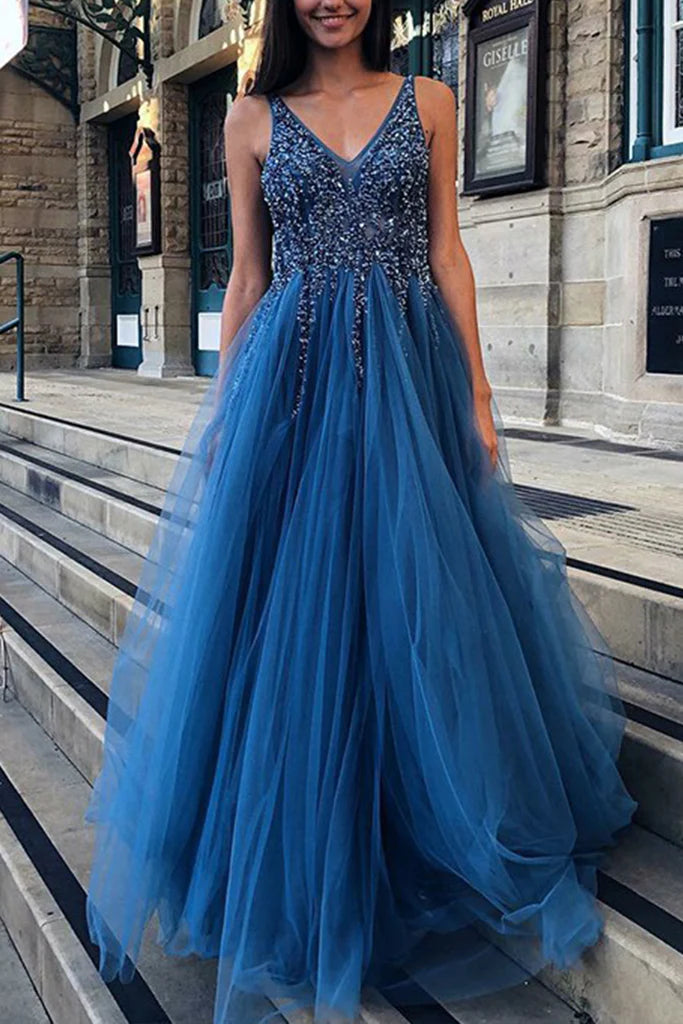 Straps V Neck with Beaded Long Prom Dress Formal Evening Gown – BL Dress