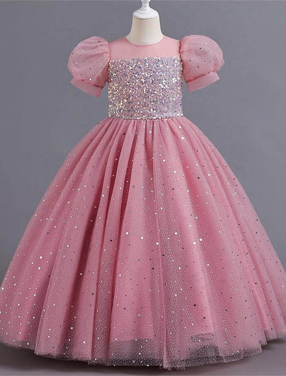 Kids Girls' Party Dress Solid Color Flower Short Sleeve Performance We ...