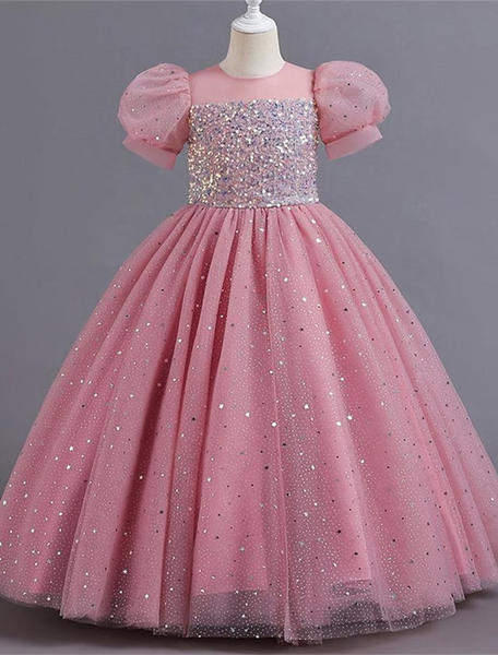 Kids Girls' Party Dress Solid Color Flower Short Sleeve Performance We ...