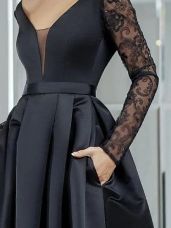 V Neck Long Sleeves Lace Long Prom Dresses – BL Dress