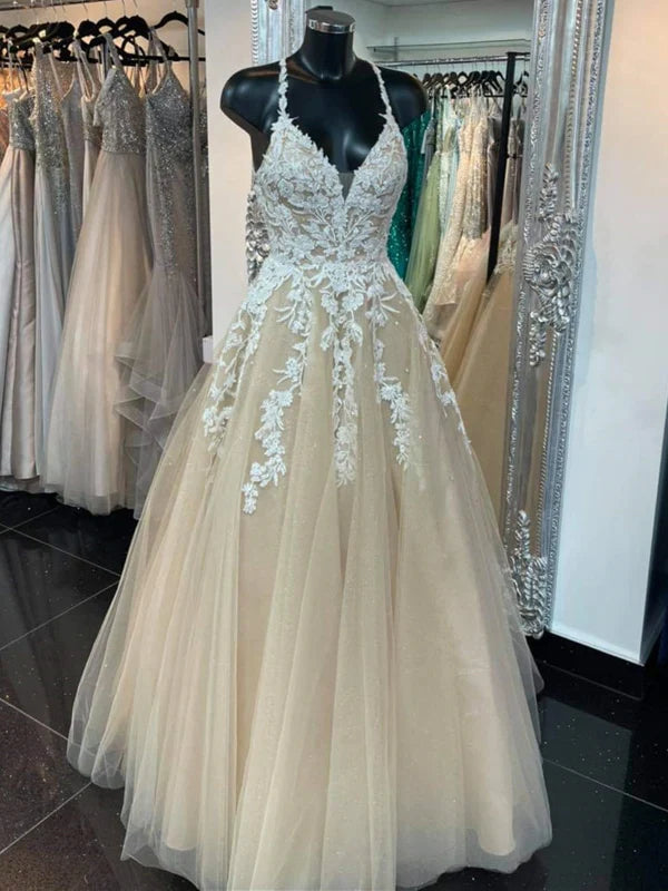 V Neck Backless Lace Long Prom Dresses – BL Dress