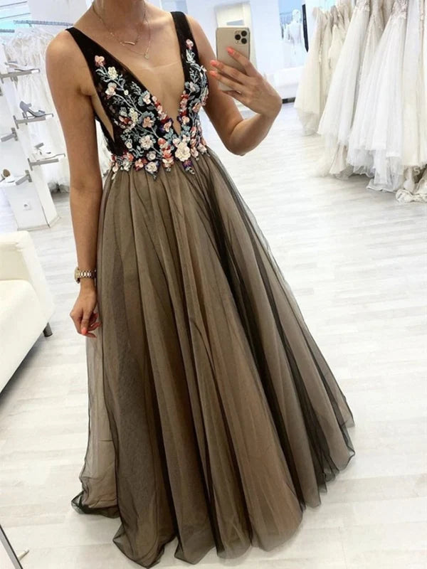 V Neck Floral Long Formal Prom Dresses – BL Dress
