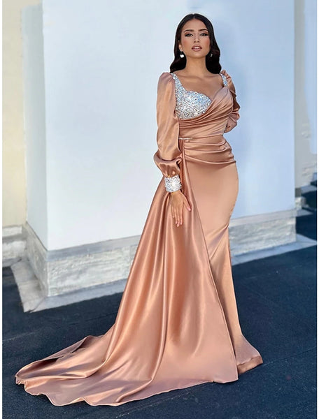 A Line Evening Gown Sparkle And Shine Dress Formal Fall Court Train Long