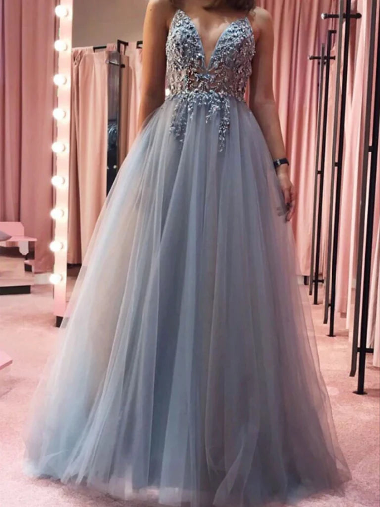 A-line V Neck Tulle Lace Long Prom Dress Formal Evening Dresses – BL Dress
