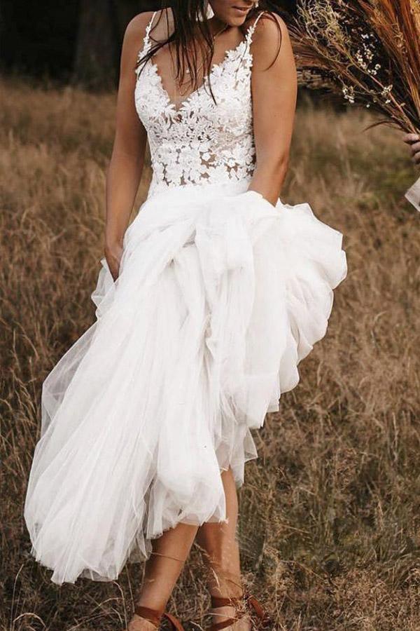 A Line V Neck Lace Bodice Bridal Dresses Ivory Backless Wedding Dresse ...