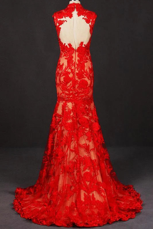 High Neck Sleeveless Evening Dress Lace Tulle Prom Dresses – BL Dress
