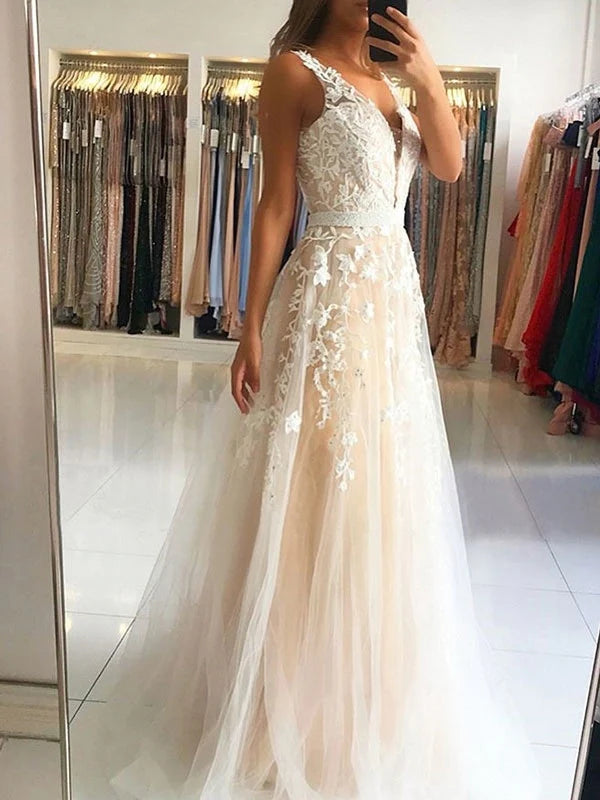 A Line V Neck Lace Long Prom Dresses – BL Dress