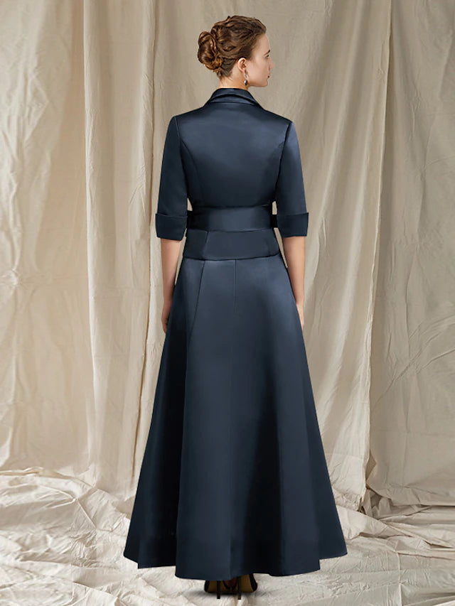 A-Line Mother of the Bride Dress Elegant Shirt Collar V Neck Ankle Len ...