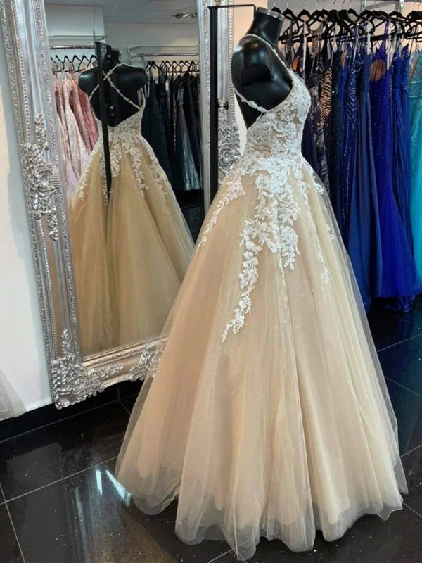 V Neck Backless Lace Long Prom Dresses – BL Dress