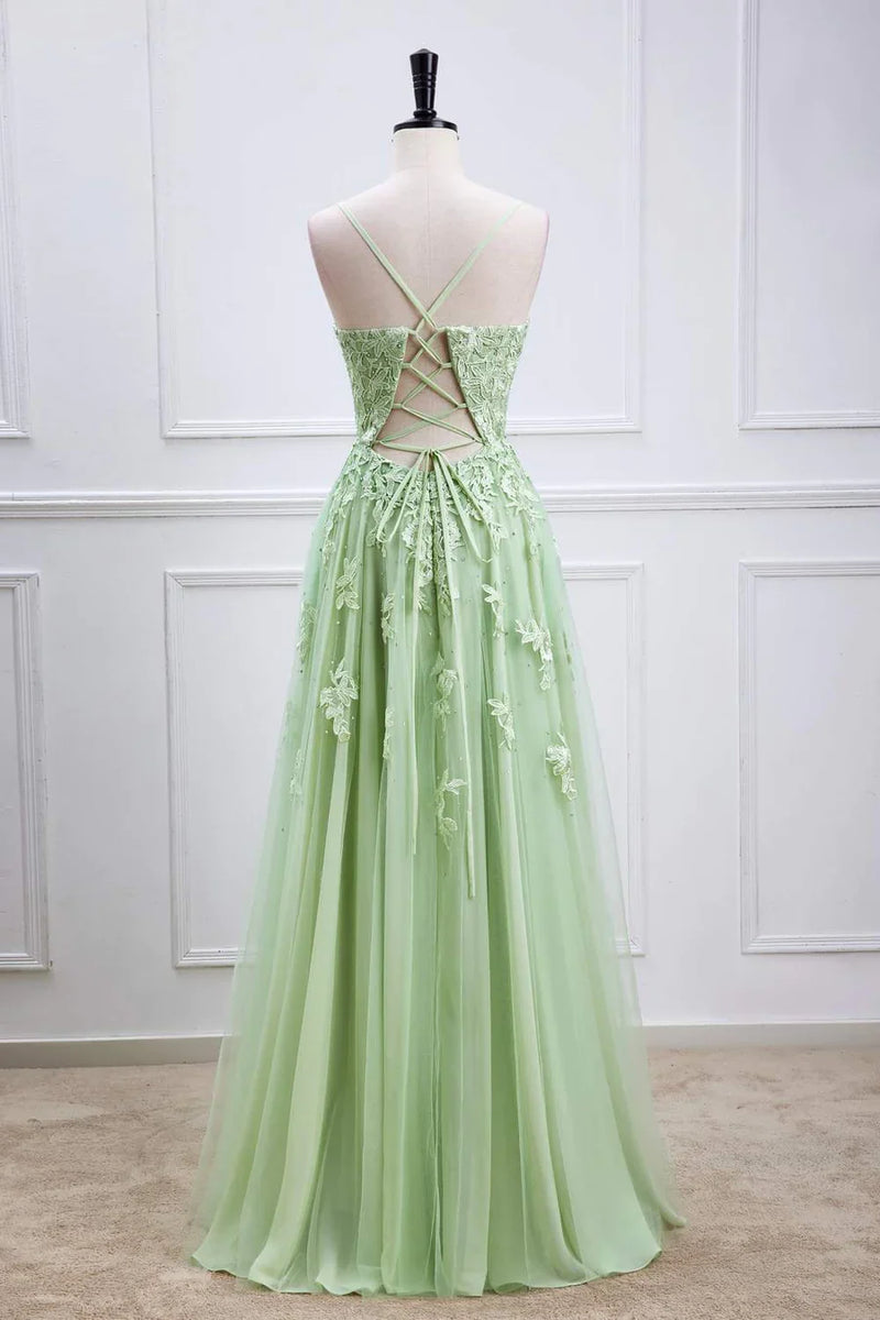 A-line Lace Appliques V Neck Lace Up Long Prom Dresses – BL Dress