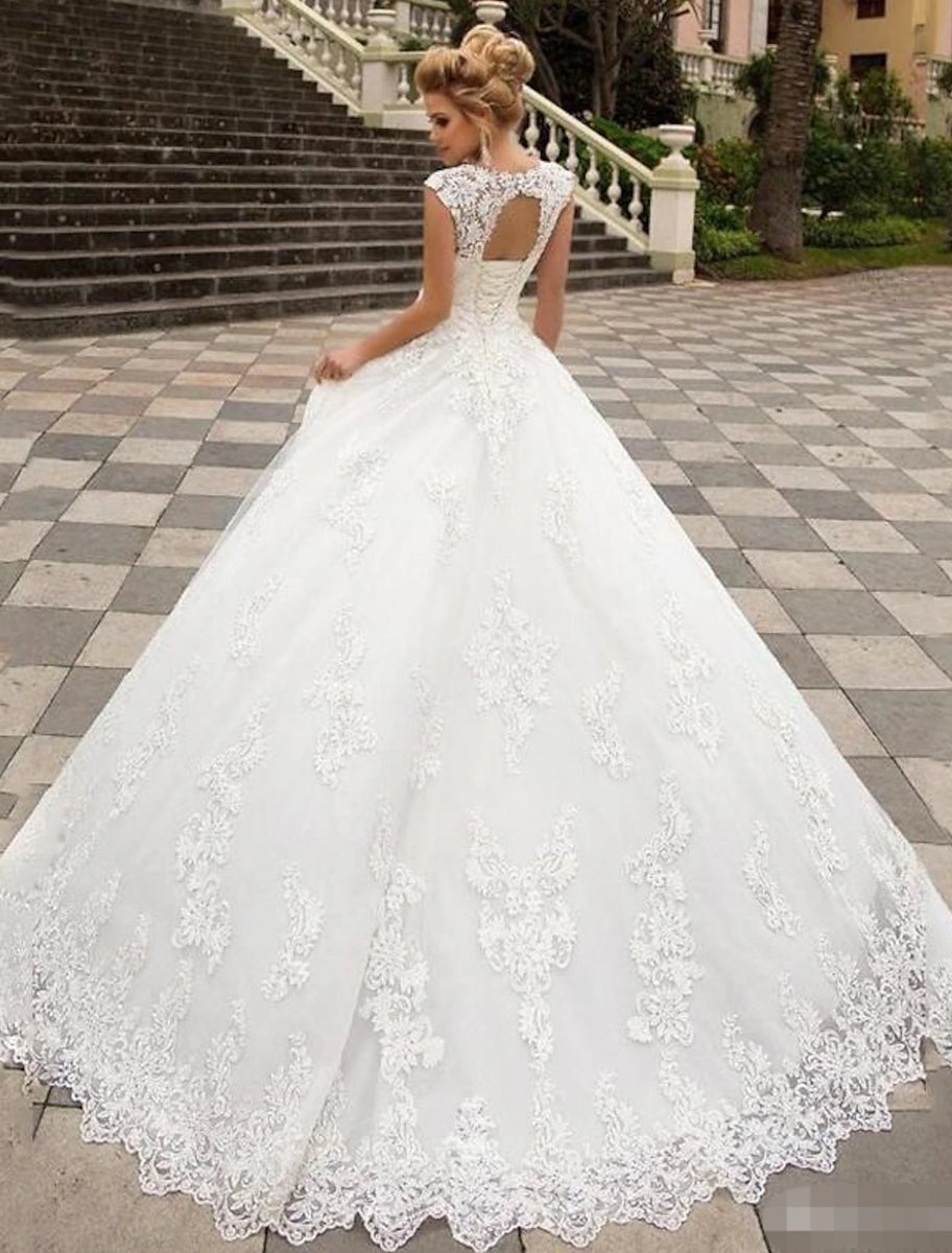 Engagement Open Back Formal Wedding Dresses Ball Gown Illusion Neck Ca ...